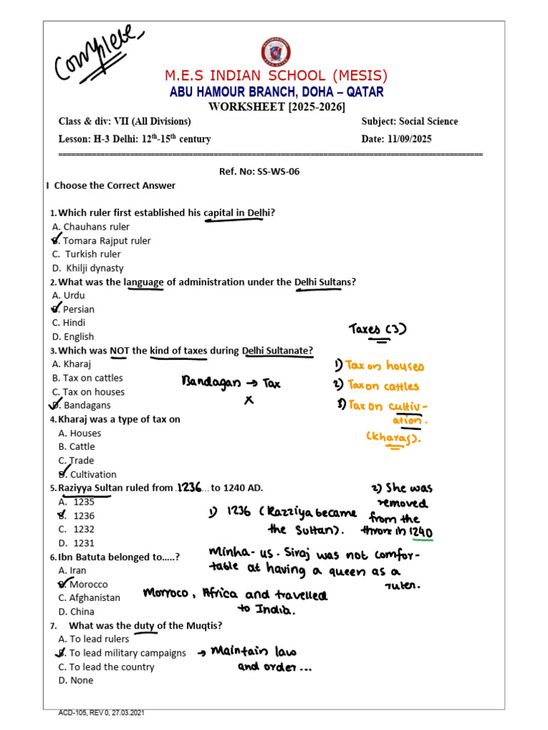 g7 Ss Delhi 12th to 15th Century Ws 06-25-26 | PDF