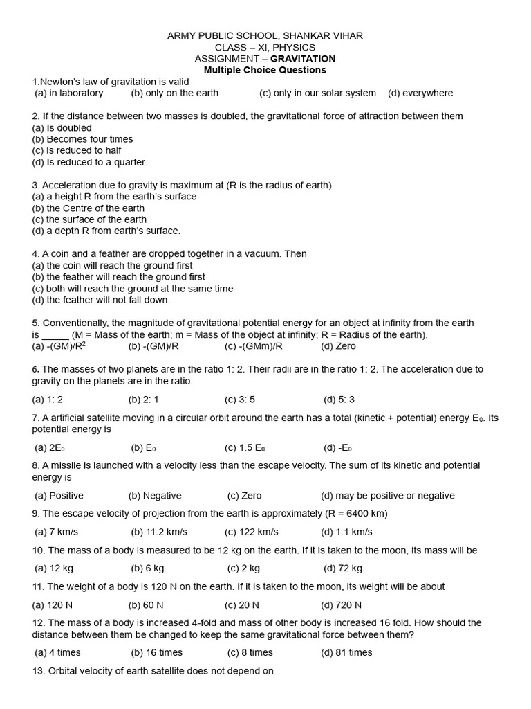 Class XI Physics Assignment on Gravitation | PDF | Orbit | Force