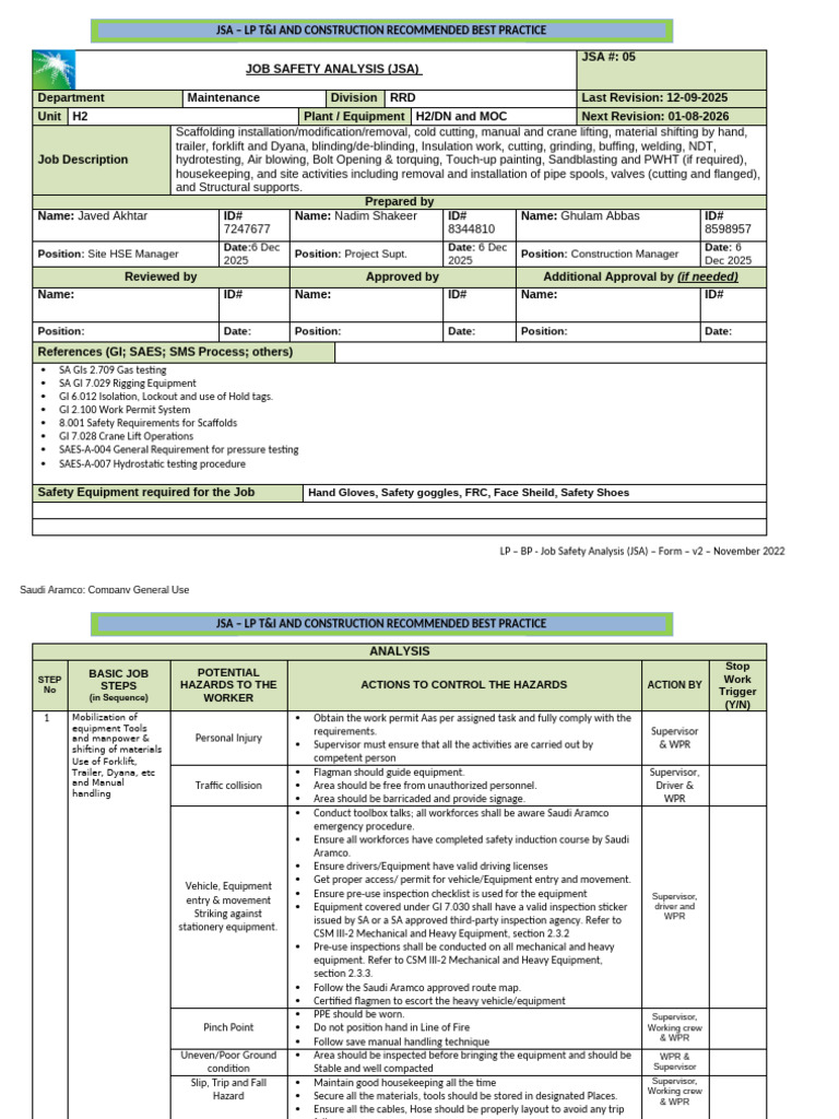 JSA for Scaffolding and Safety Practices | PDF | Safety