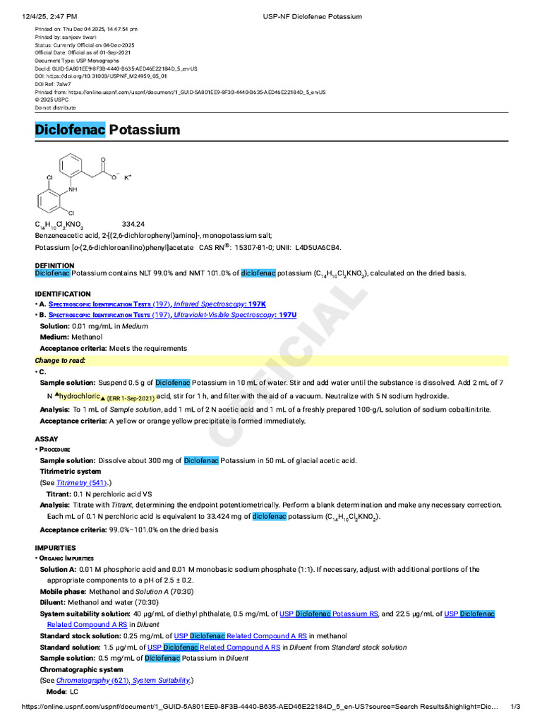 USP Monograph for Diclofenac Potassium | PDF