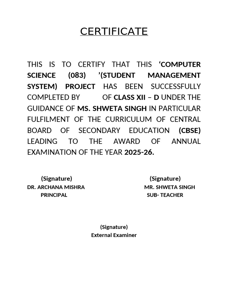 CBSE Computer Science Project Certificate | PDF
