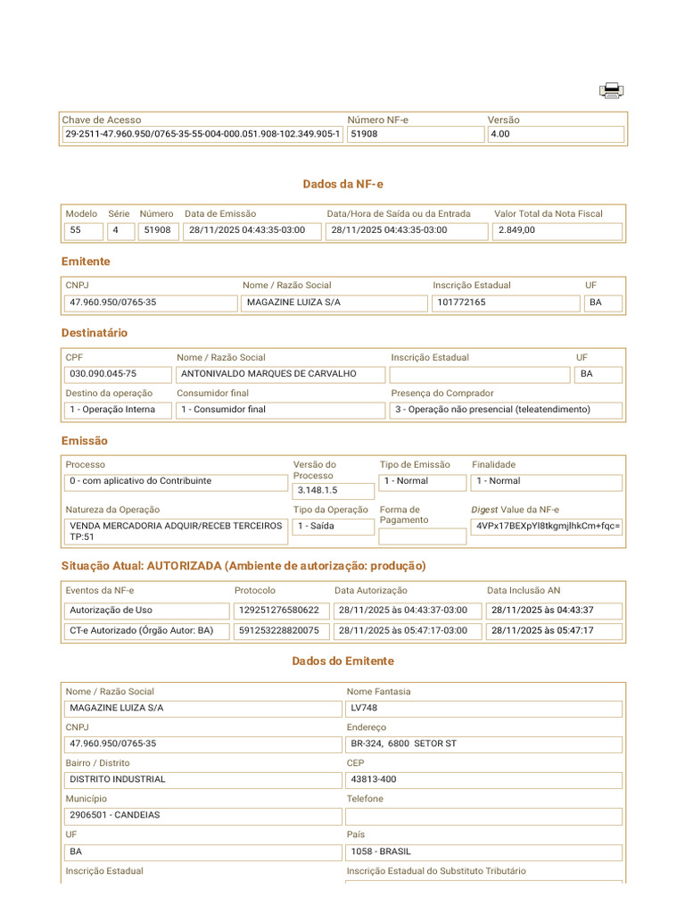 Nota Fiscal Eletrônica - Magazine Luiza | PDF | Recibo | Taxa de imposto