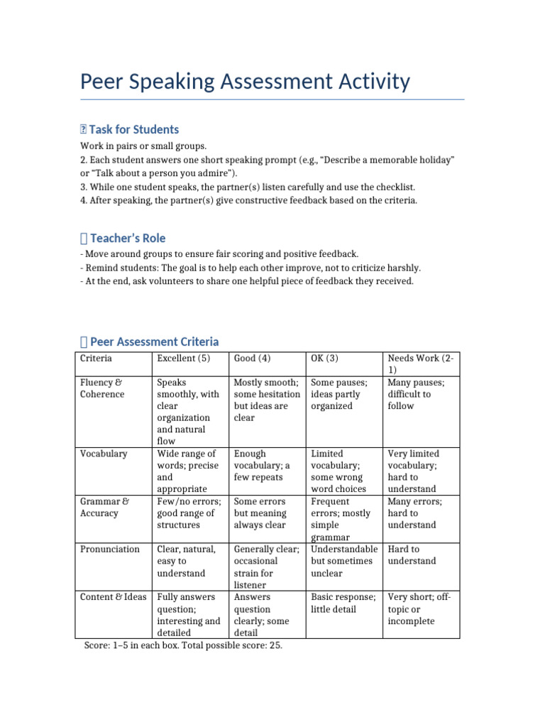 Peer Speaking Assessment | PDF