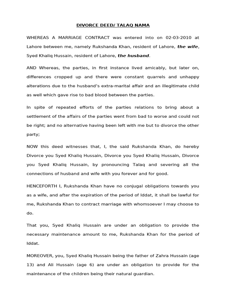 Divorce Deed (Talaq Nama) Template | PDF