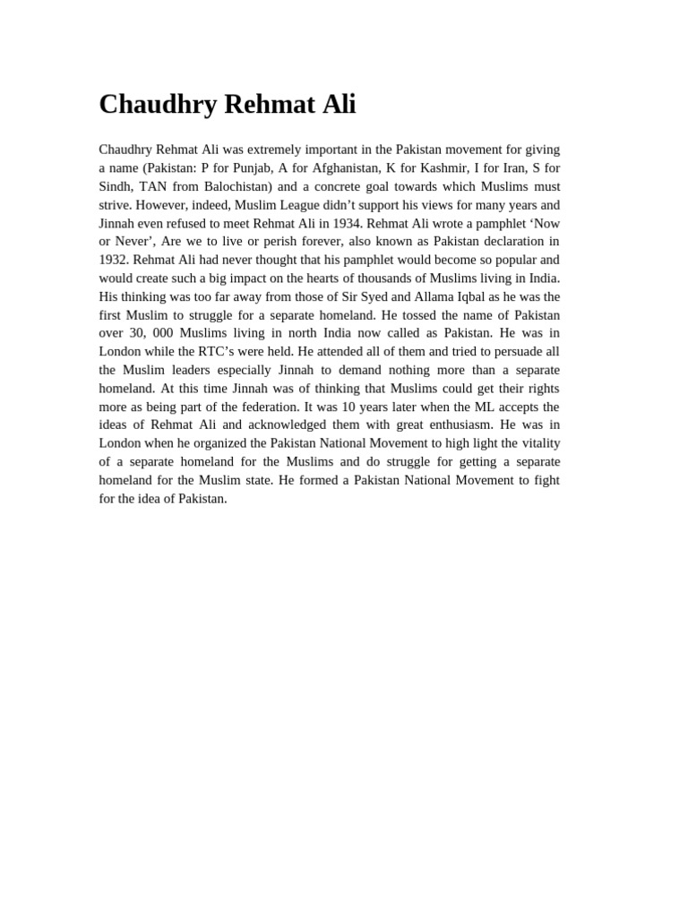 Ch. Rehmat Ali: Father of Pakistan Idea | PDF