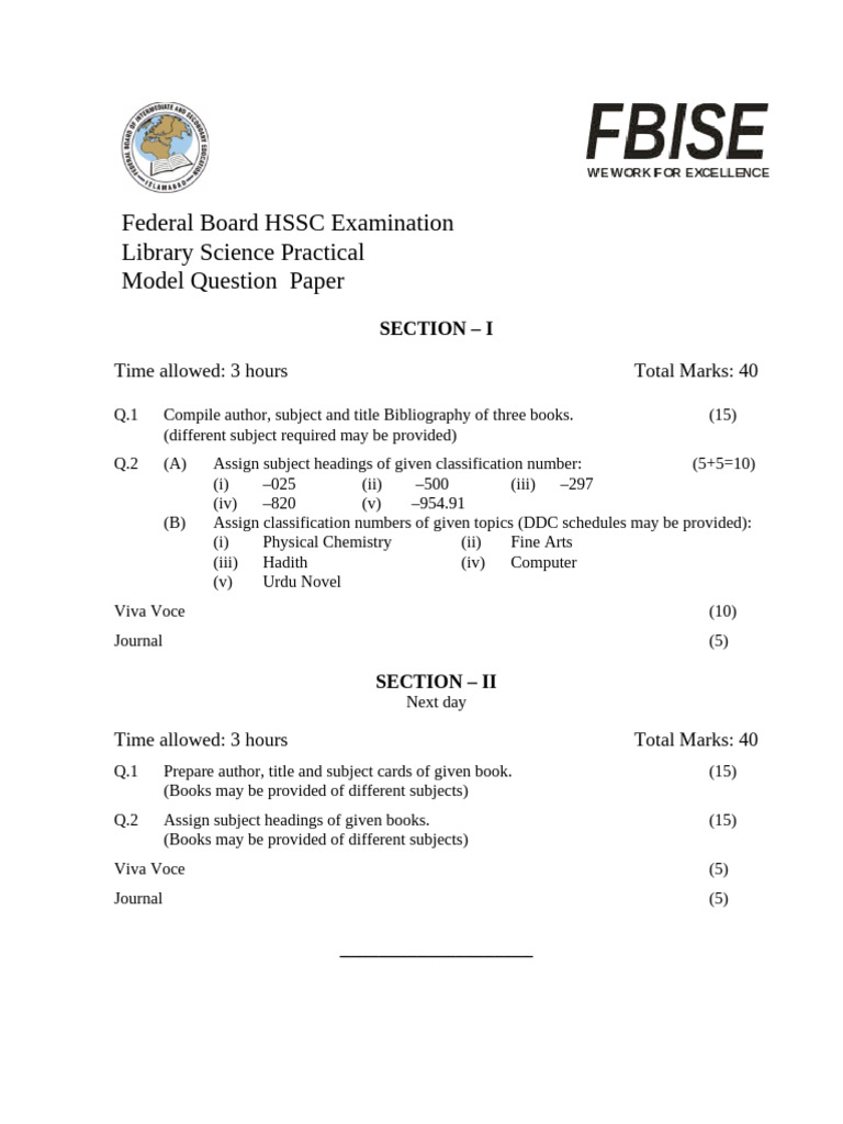 Practical Model Paper of Library Science HSSC | PDF