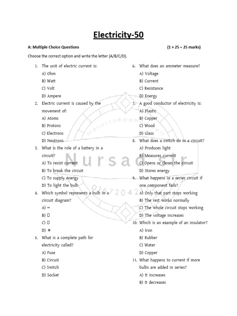 Electricity Quiz: MCQs & Short Answers | PDF | Electric Current ...