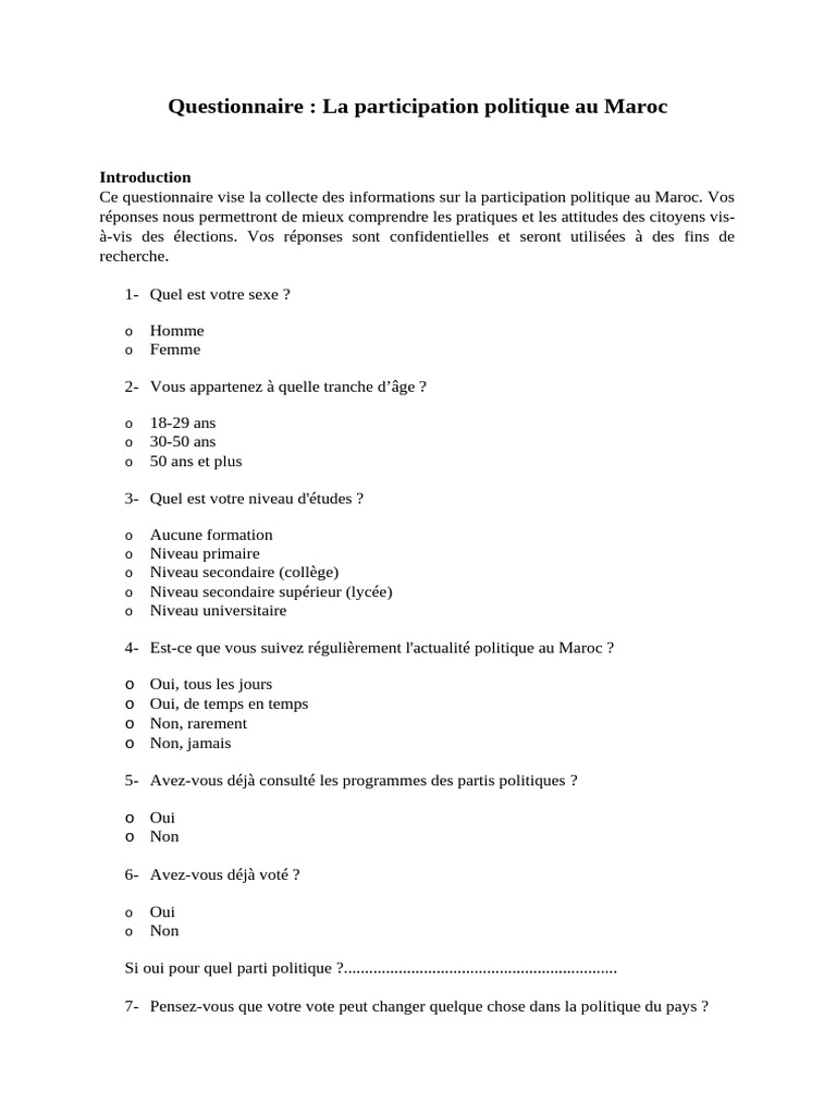 Questionnaire sur la participation politique au Maroc | PDF | Maroc
