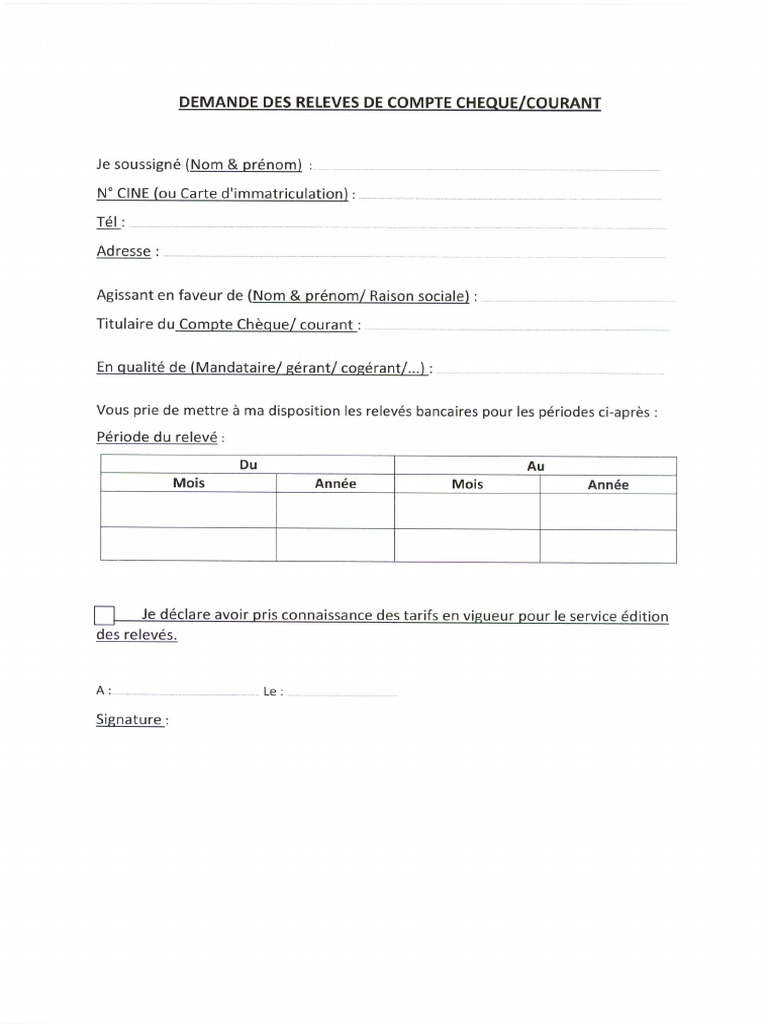 Demande Des Releves de Compte Cheque - Courant | PDF
