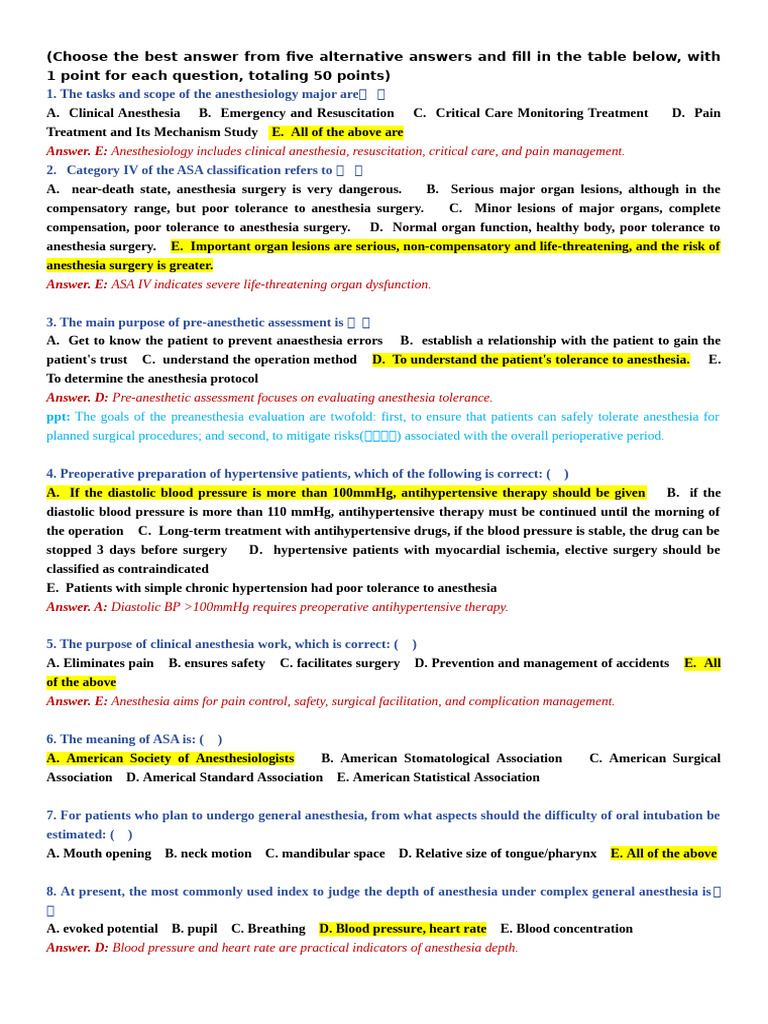 Anesthesiology Exam: Key Concepts & Answers | PDF | Anesthesia | Blood ...