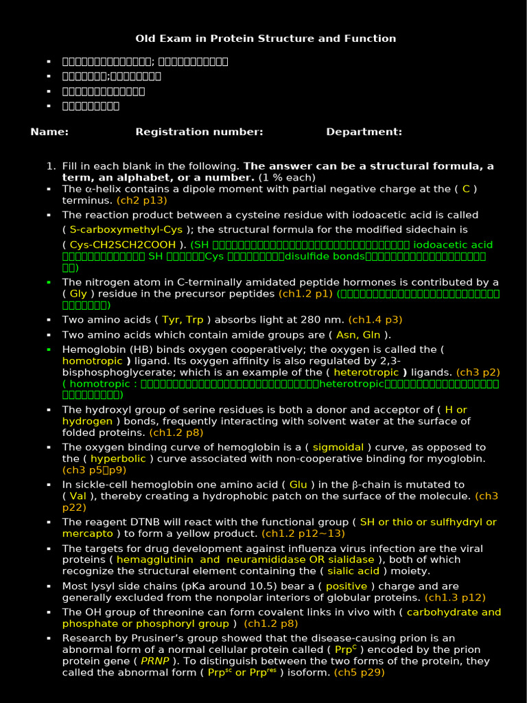 Old Exam in Protein Structure and Function | PDF | Amino Acid | Cysteine