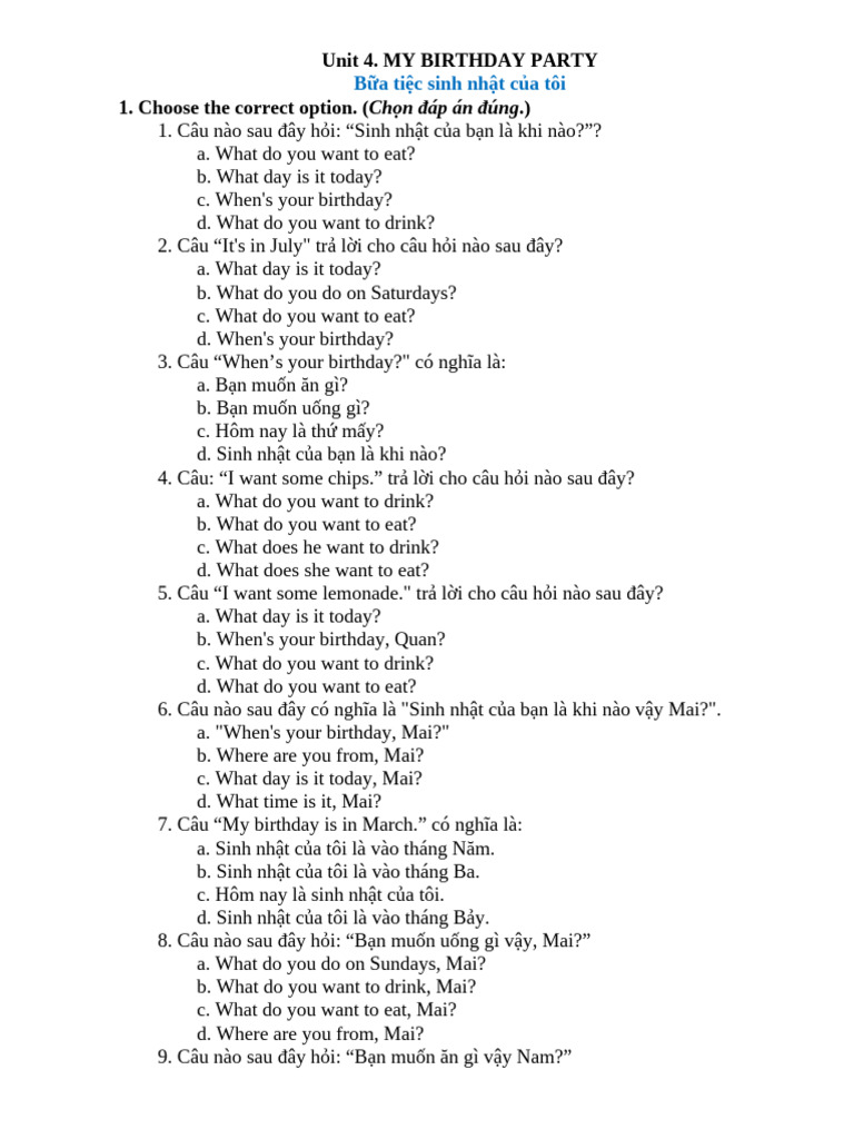 Birthday Party Questions and Answers | PDF