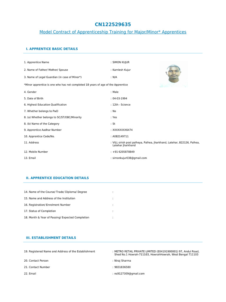Apprenticeship Training Contract Details | PDF | Apprenticeship ...