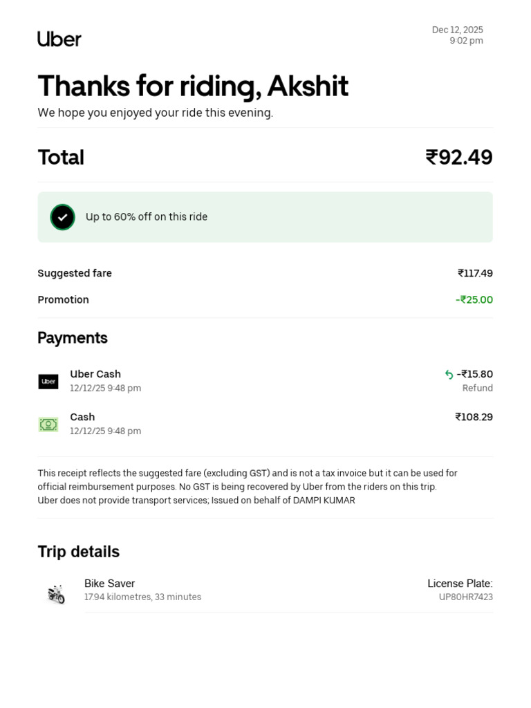 Uber Ride Receipt for Akshit | PDF