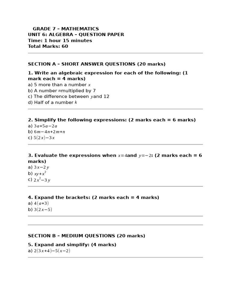 Grade 7 Algebra Question Paper | PDF