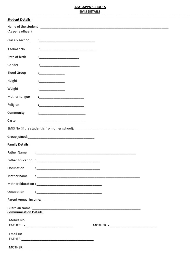 Alagappa Schools EMIS Student Form | PDF