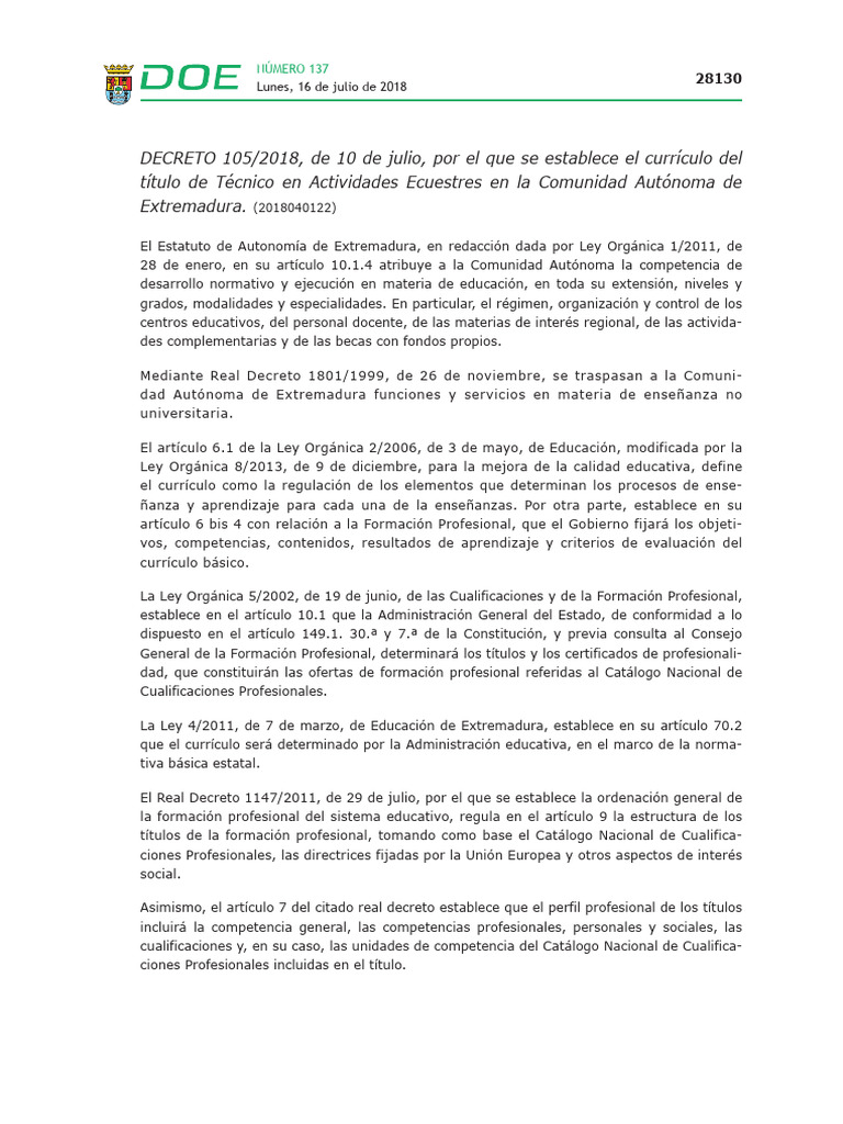 CURRICULO EXTREMADURA - Actividades Ecuestres | PDF | Maestros | Plan ...