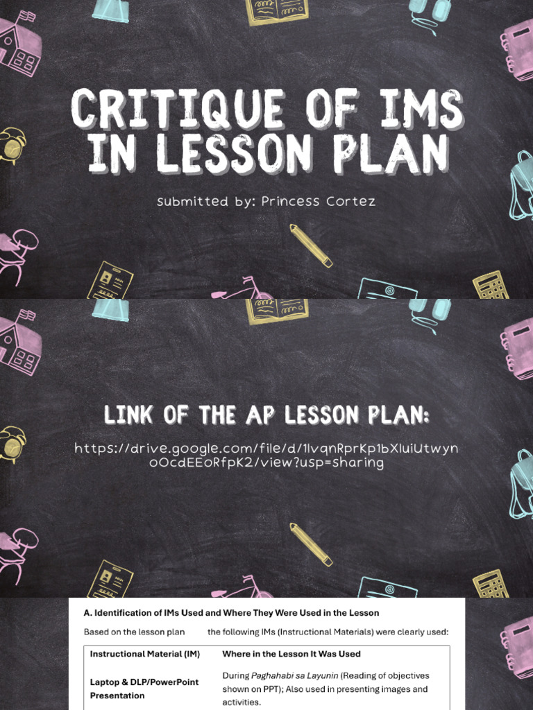Critique of IMs in Lesson Plans - Cortez, Princess L. | PDF | Learning ...