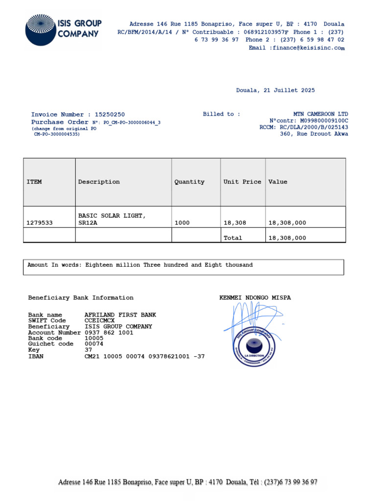 Invoice for MTN Cameroon - Solar Lights | PDF
