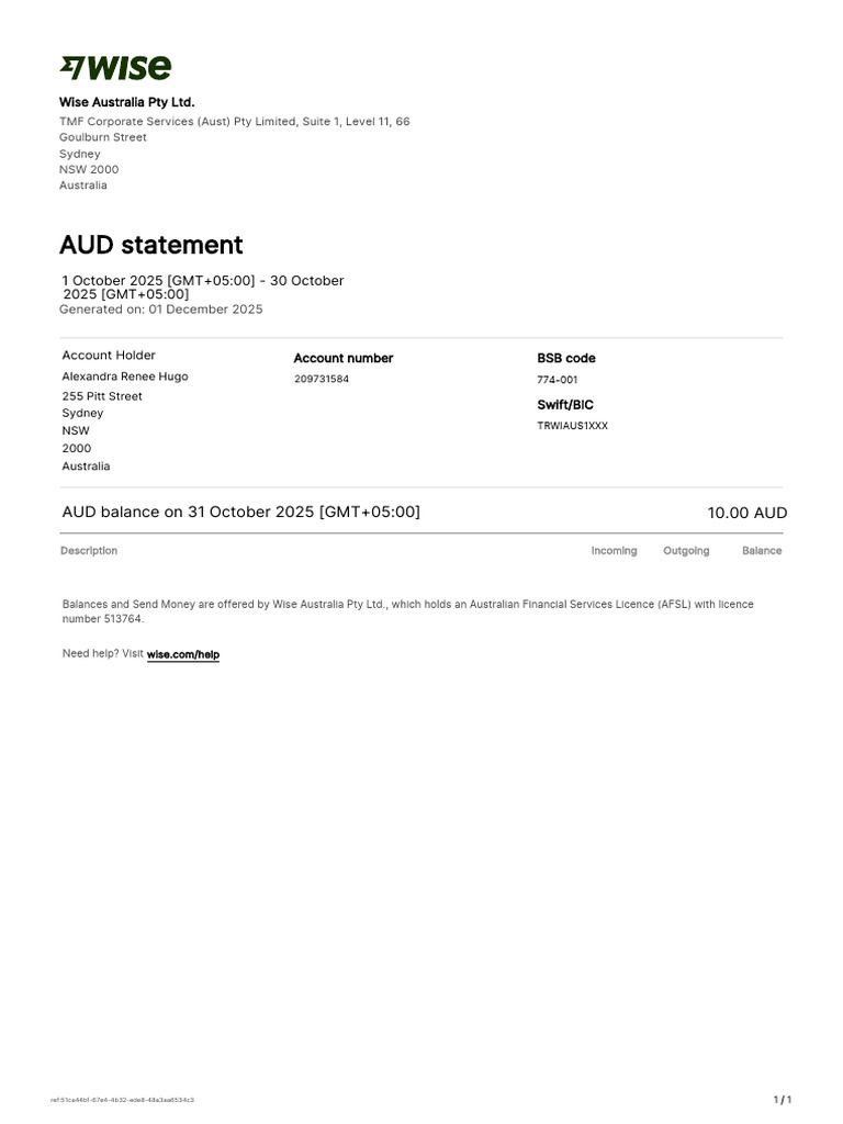 Wise Aud Balance Statement Alexandra Renee Hugo | PDF