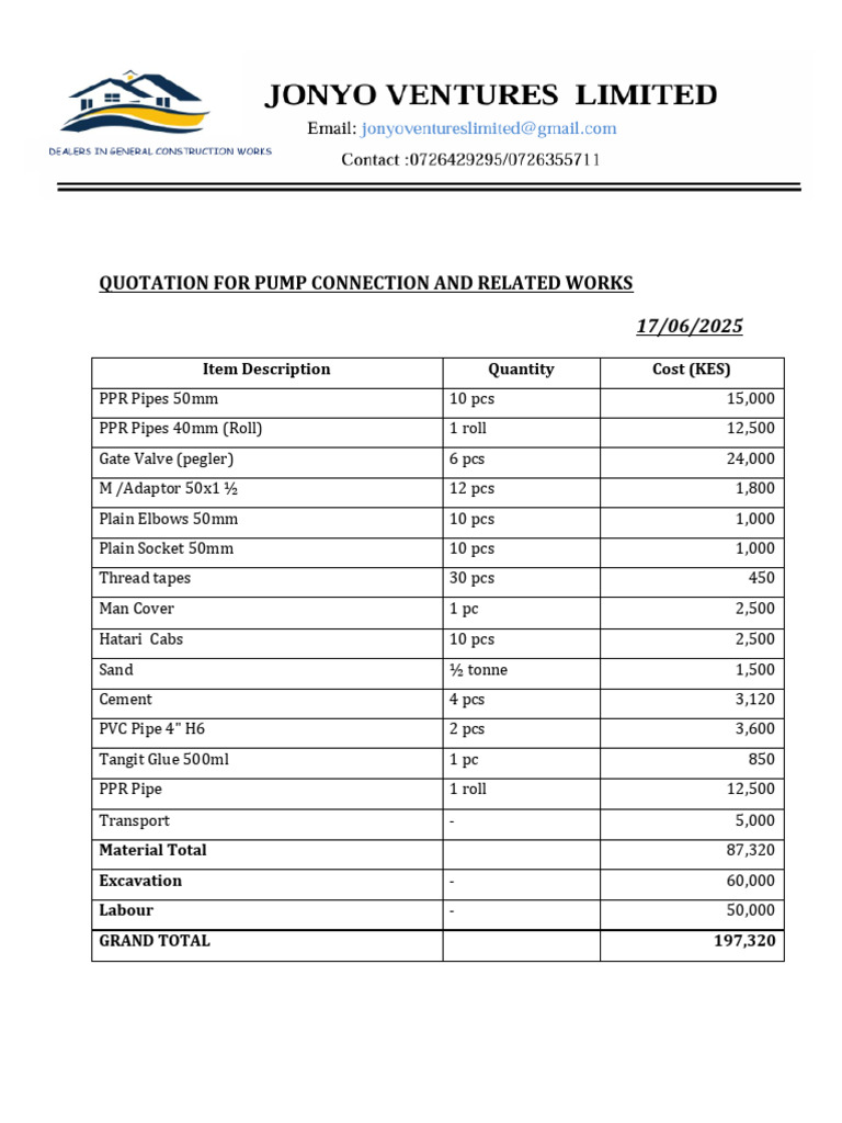 Pump Connection Quotation Breakdown | PDF