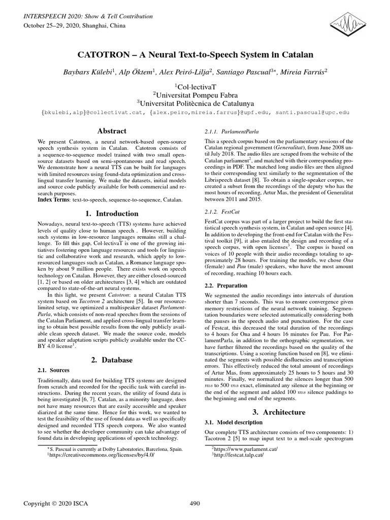 CATOTRON - A Neural Text-To-Speech System in Catalan | PDF | Speech ...