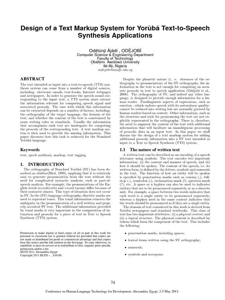 Design of A Text Markup System For Yorùbá Text-To-Speech | PDF | Speech ...