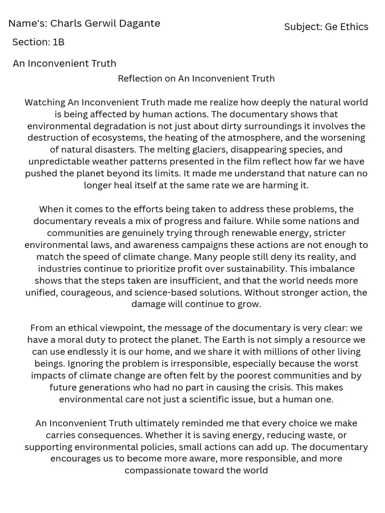 Reflection on An Inconvenient Truth | PDF