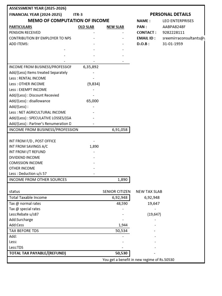 2025 Itr 1-5 Computation Leo Enterprises | PDF | Taxes | Income