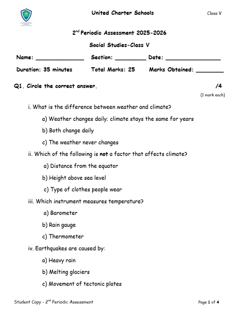 Class V Social Studies Assessment 2025-2026 | PDF | Climate | Weather