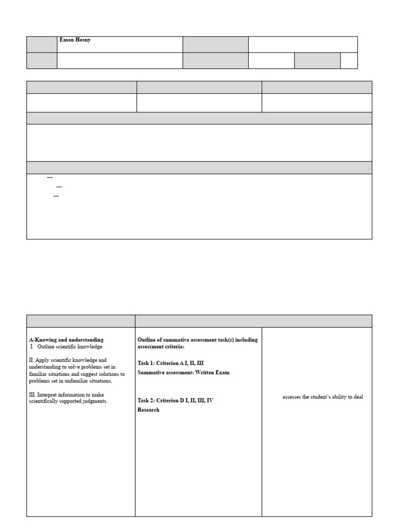 MYP 1 Unit Plan Trimester 1 | PDF | Educational Assessment | Science