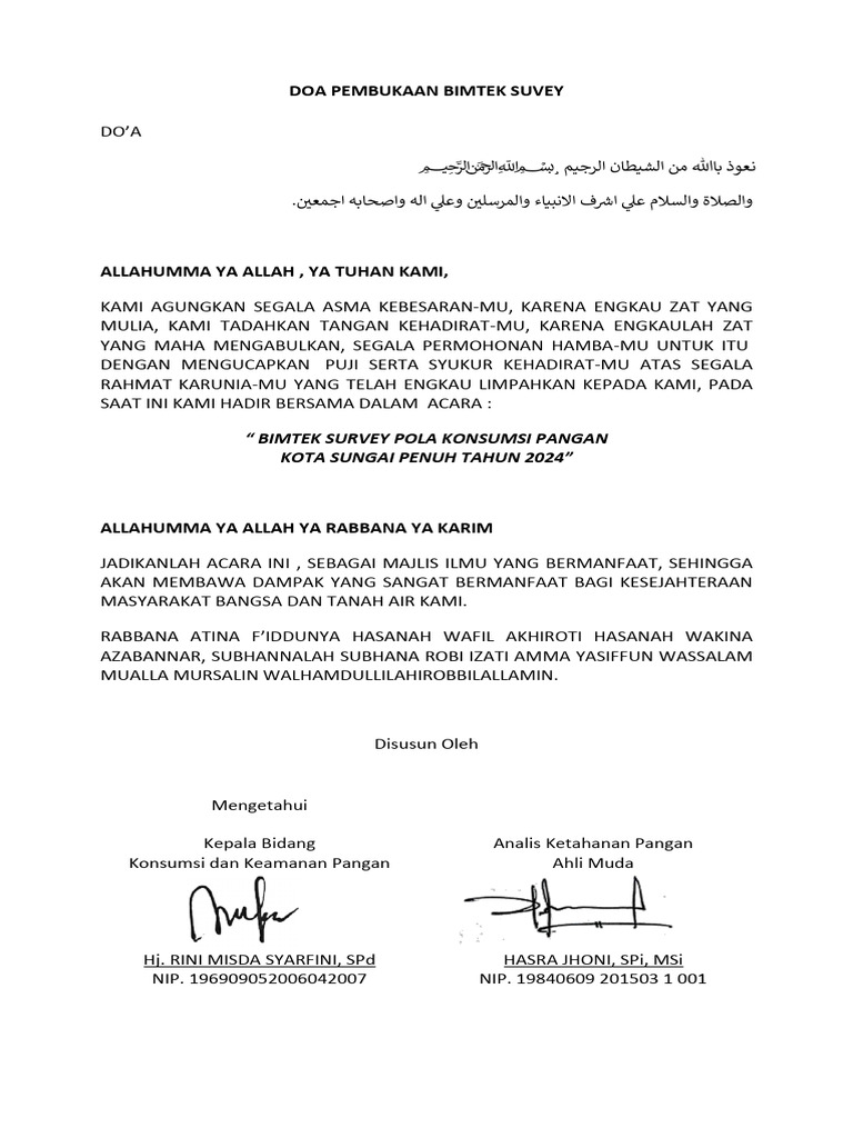 Doa Pembukaan Bimtek Survei Pangan | PDF
