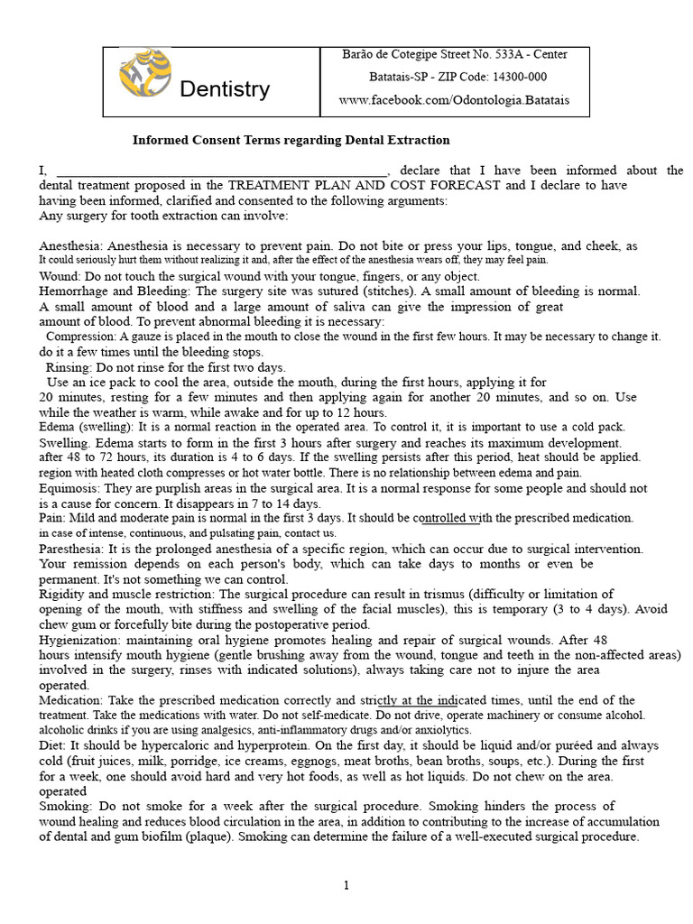 Dental Extraction Consent Form | PDF | Surgery | Medical Specialties