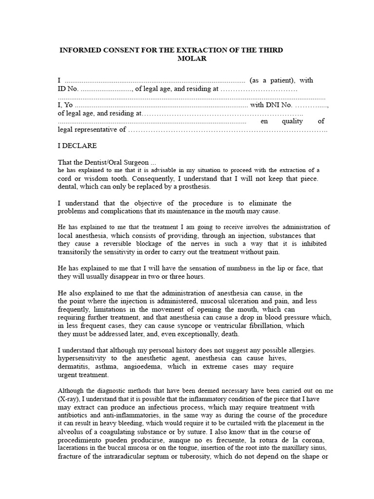 Third Molar Extraction Consent Form | PDF | Medicine | Diseases And ...