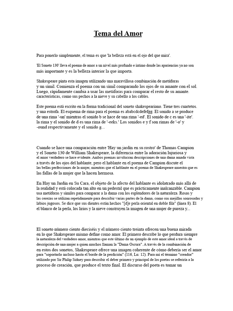 Soneto 130 Tema Del Amor | PDF | Sonetos de Shakespeare | William ...