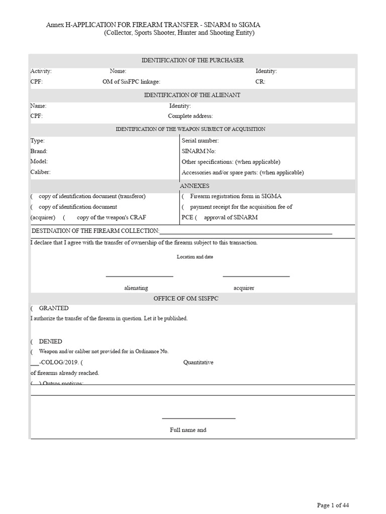 Firearm Transfer Application Form | PDF | Firearms | Projectile Weapons