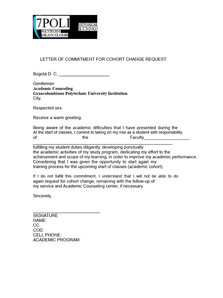 Letter of Commitment For Requesting Change of Cohort | PDF