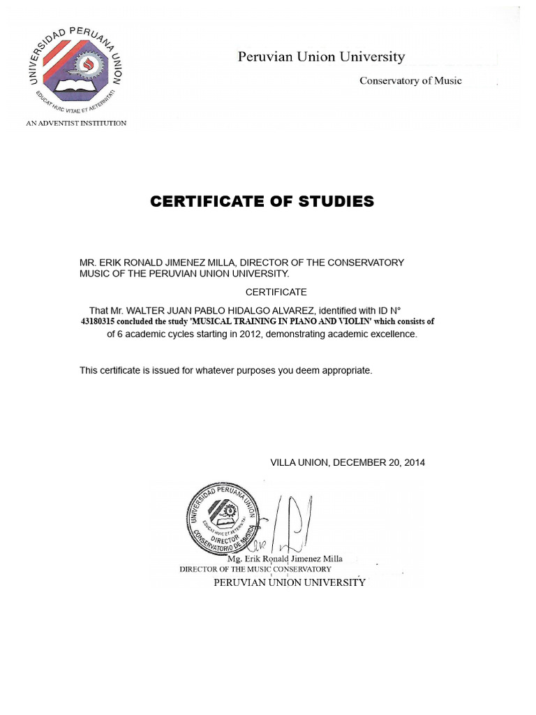Certificate of Musical Training Completion | PDF