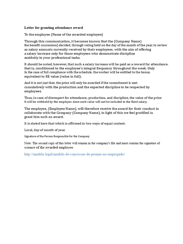 Attendance Award Grant Letter Template | PDF