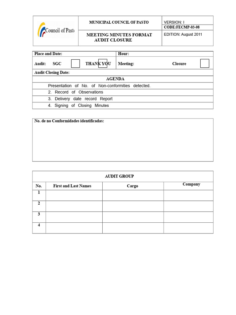 Audit Closure Meeting Minutes Format | PDF