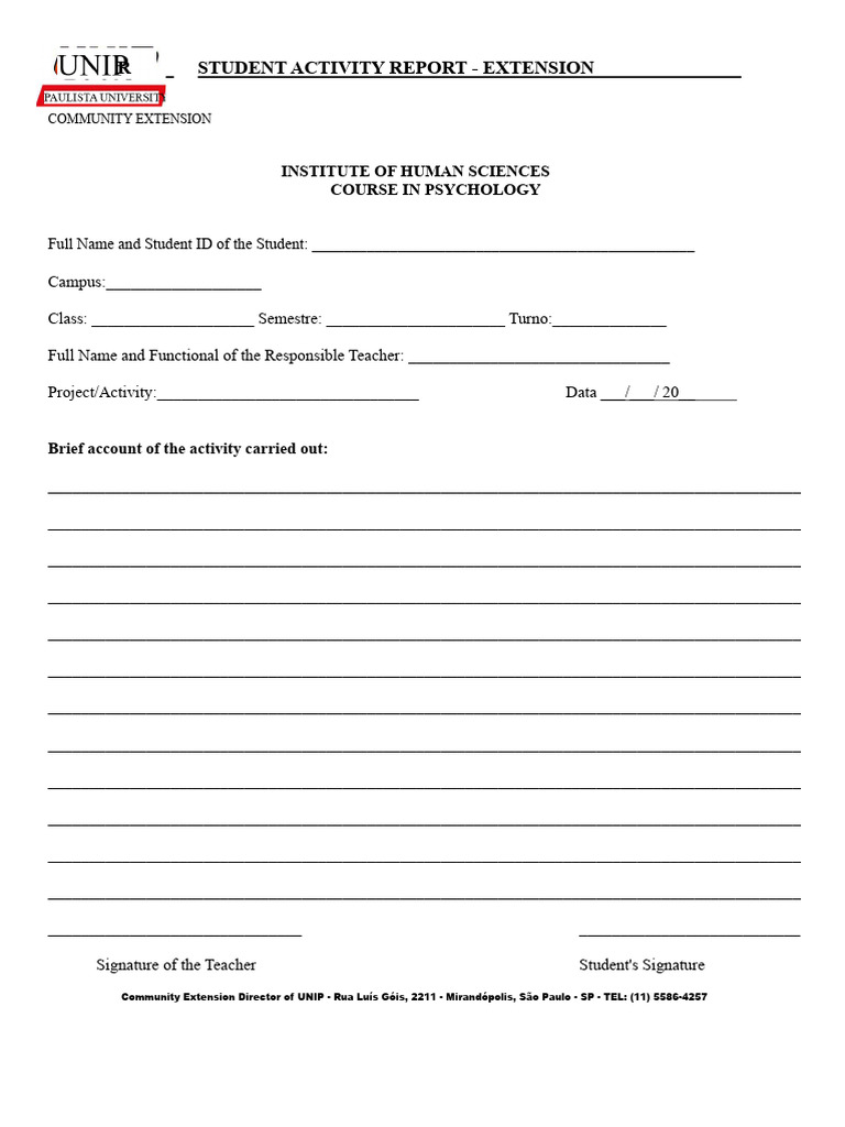 Extension Activity Report - Student - Psychology - UNIP - 2023 | PDF