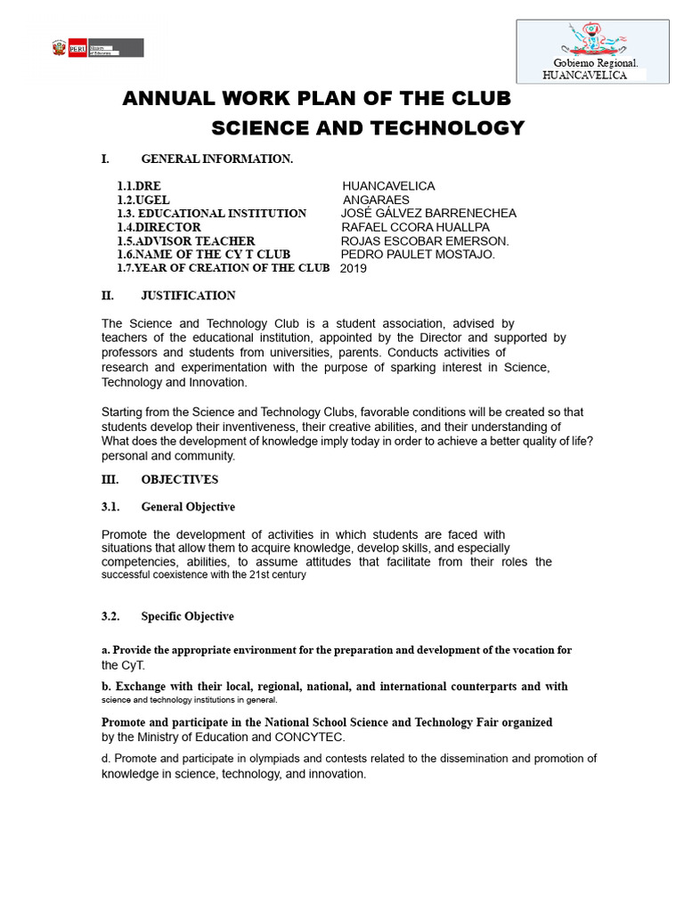 Annual Work Plan of The Science and Technology Club | PDF | Science ...