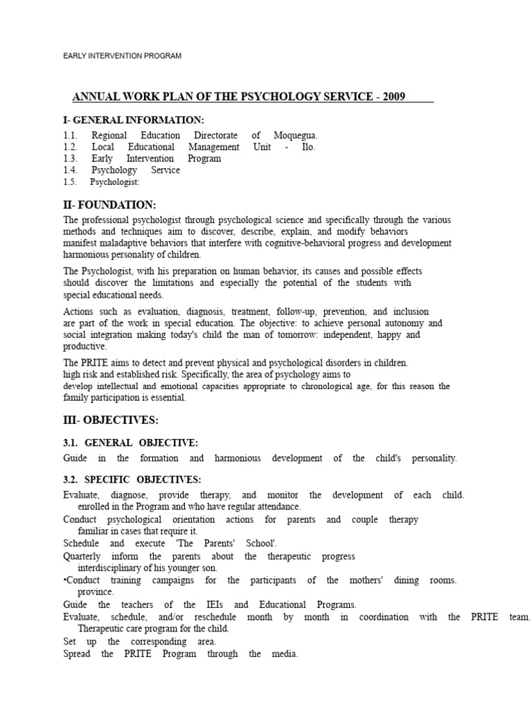 Annual Work Plan Psychology - 2009 | PDF | Psychology | Special Education