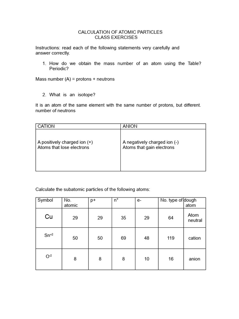 Atomic Particle Calculation Exercises | PDF