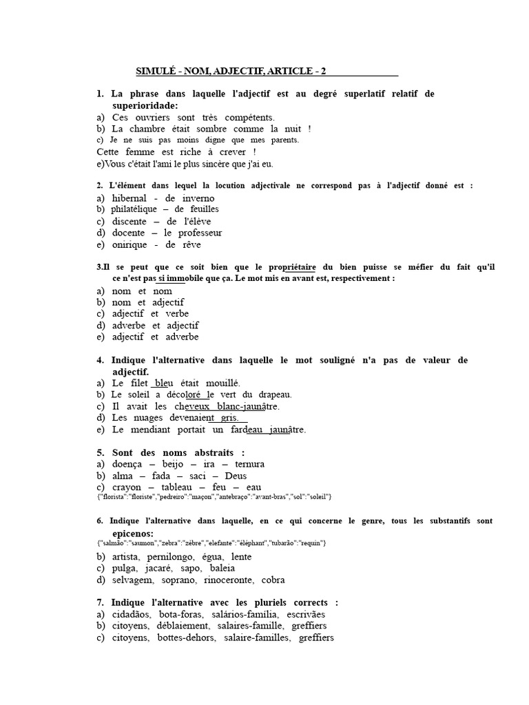 Exercices sur les noms et adjectifs | PDF | Adverbe | Morphologie ...