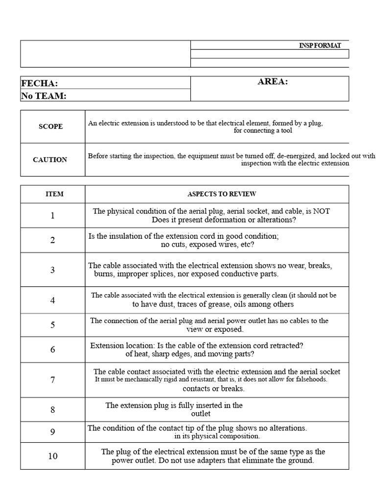 Electric Extension Inspection Checklist | PDF | Electrical Connector ...