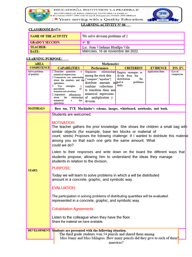 LEARNING SESSION No. 06 We solve division problems of 2 | PDF