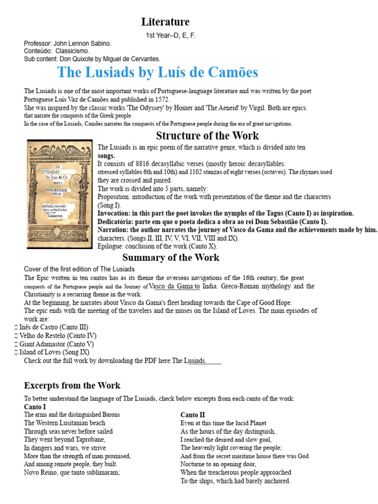 The Lusiads: Epic of Portuguese Conquests | PDF