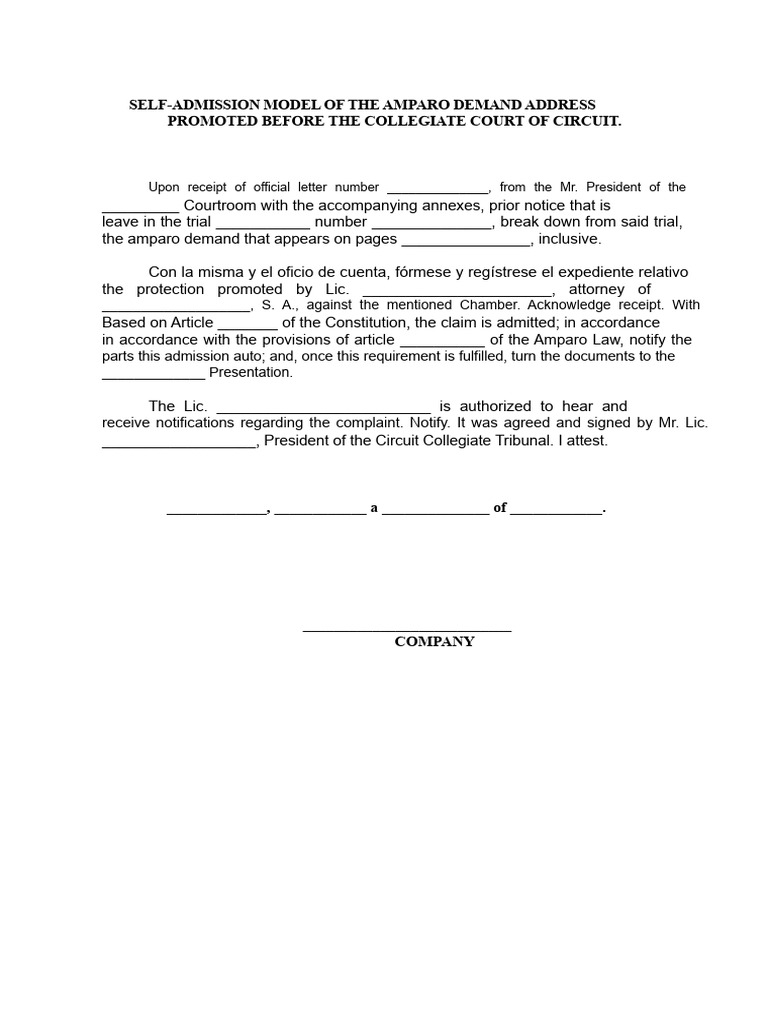 Model of Self-Admission of The Amparo Claim Addressed To The Collegiate ...