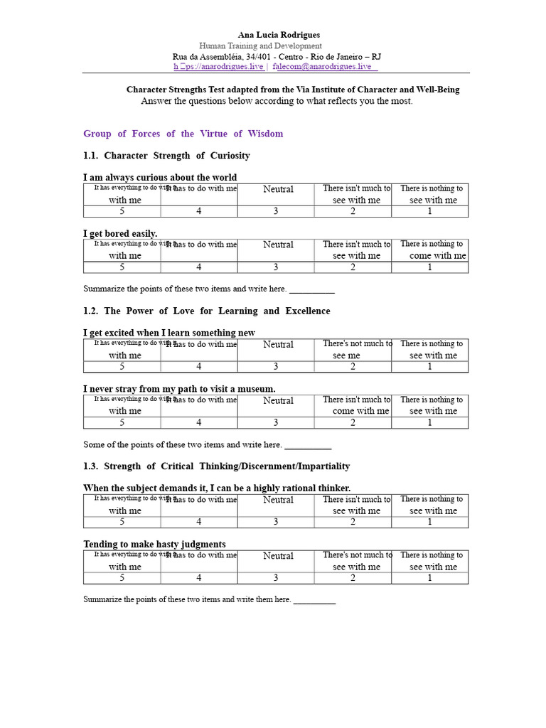 Character Strengths Test Adapted From The VIA | PDF | Courage | Virtue